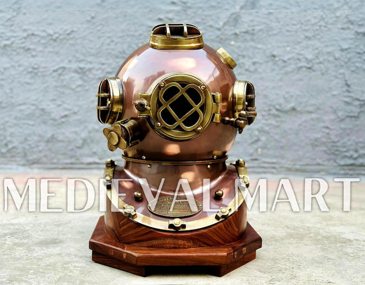 MEDIEVALMART Nautical Brown Finish Diving Helmet With Wooden Base ...