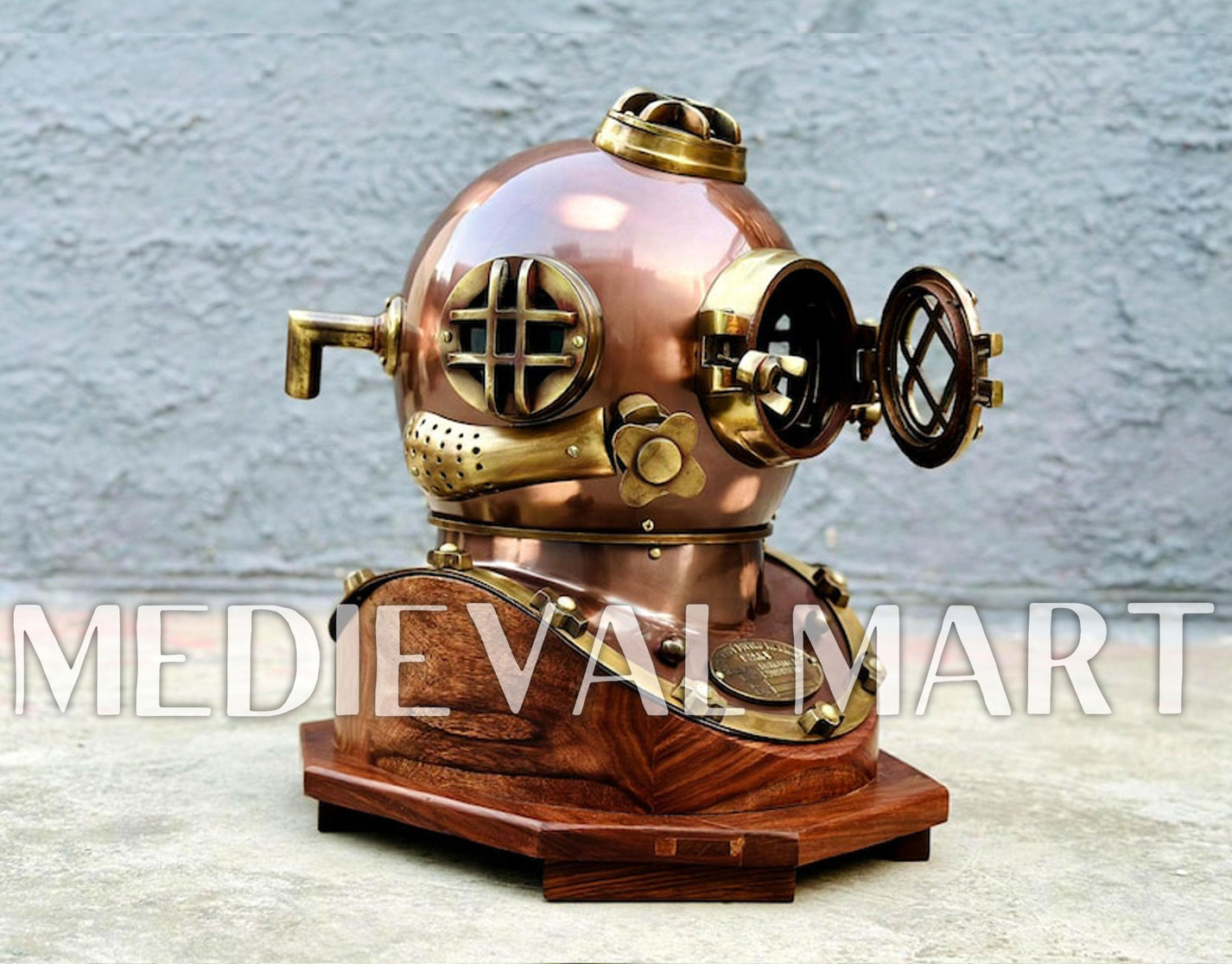 MEDIEVALMART Nautical Brown Finish Diving Helmet With Wooden Base ...