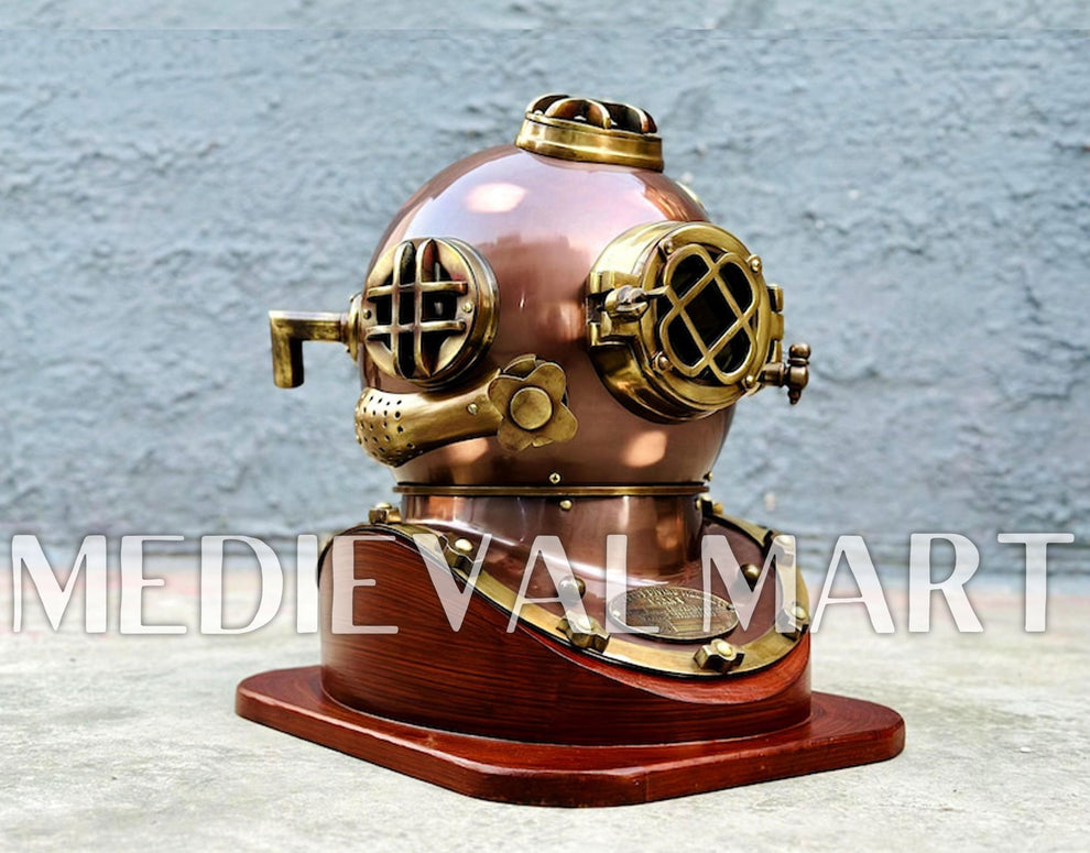 MEDIEVALMART Nautical Brown Finish Diving Helmet With Wooden Base ...