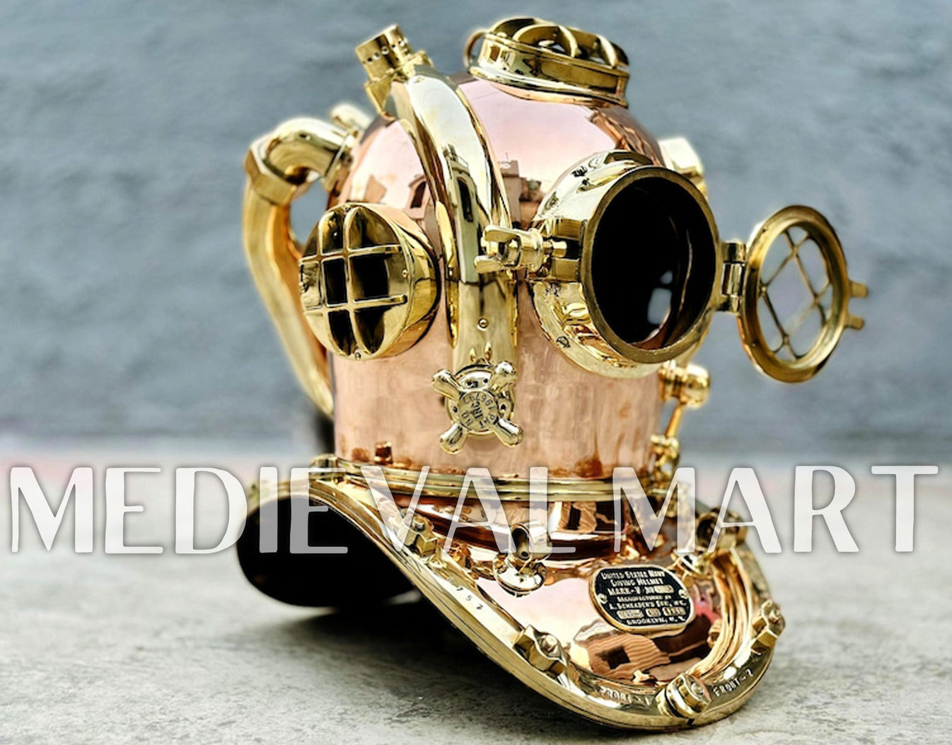 MEDIEVALMART High Textured Copper brass Diving Helmet With Wooden Base ...