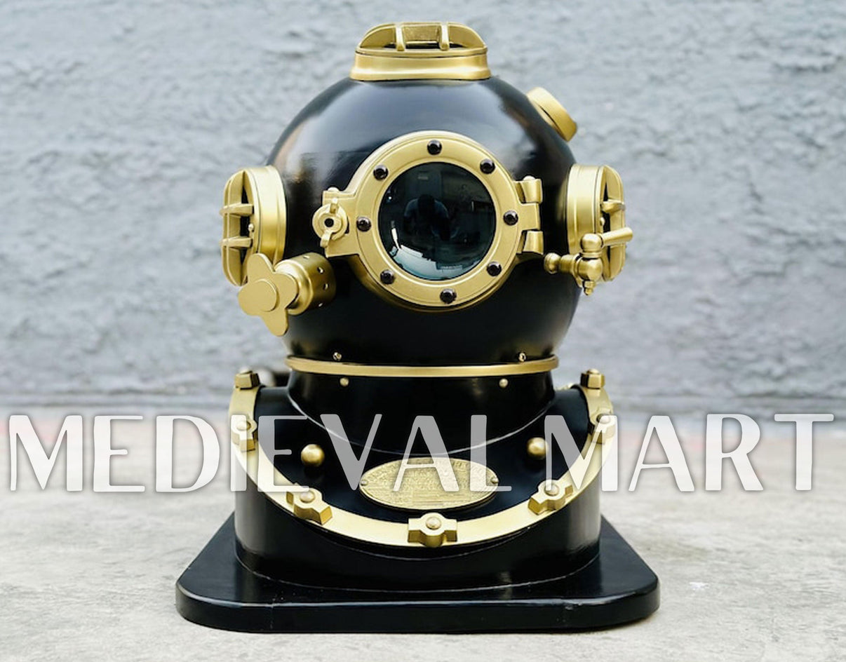 MEDIEVALMART Black Finish Diving Helmet With Wooden Base
