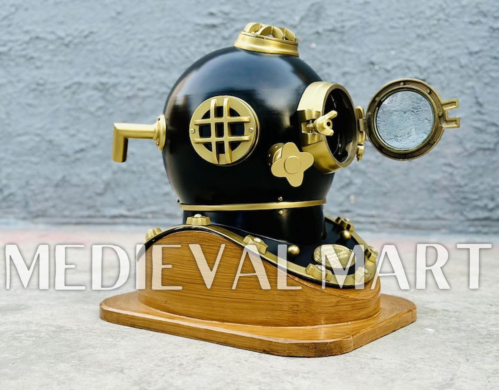 MEDIEVALMART Black Finish Diving Helmet With Wooden Base